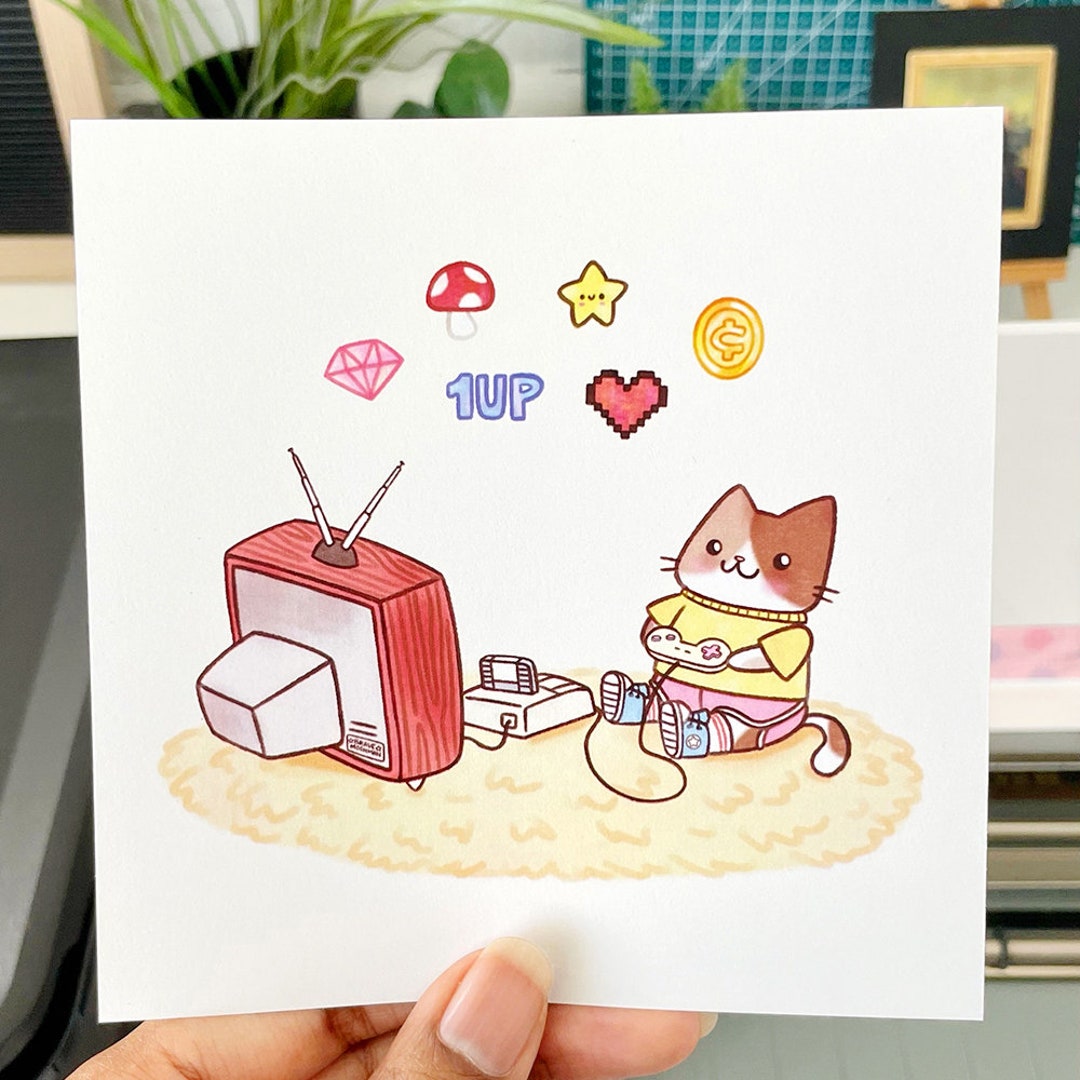 Cute Gamer Cat Mini Art Print - Retro Video Game Art - Etsy