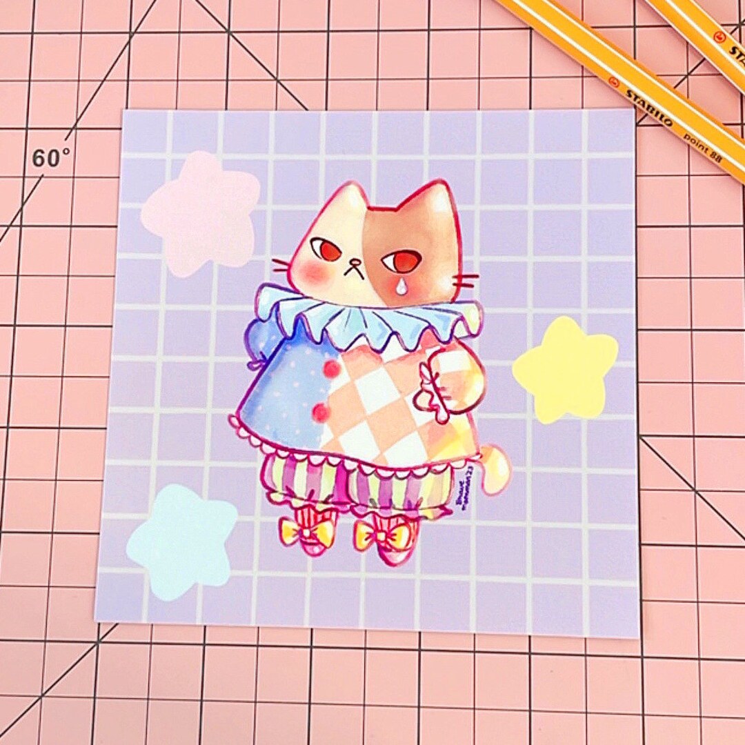 Sad Clown Cat Mini Art Print - Quirky Art, Purple Wall Decor - Etsy