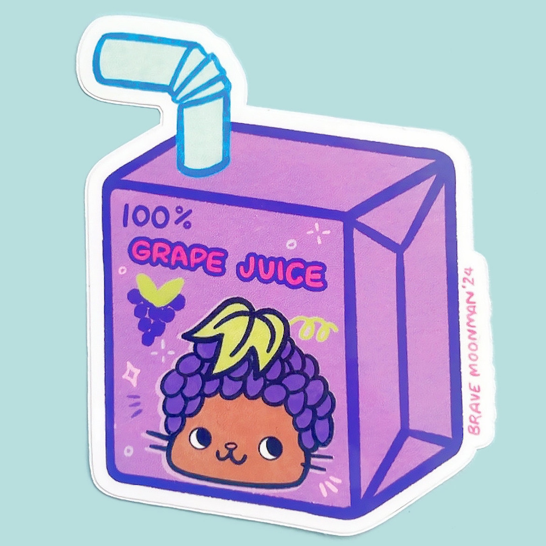 Kawaii Grape Juice Box Vinyl Sticker With Cute Cat Mascot Adorable ...