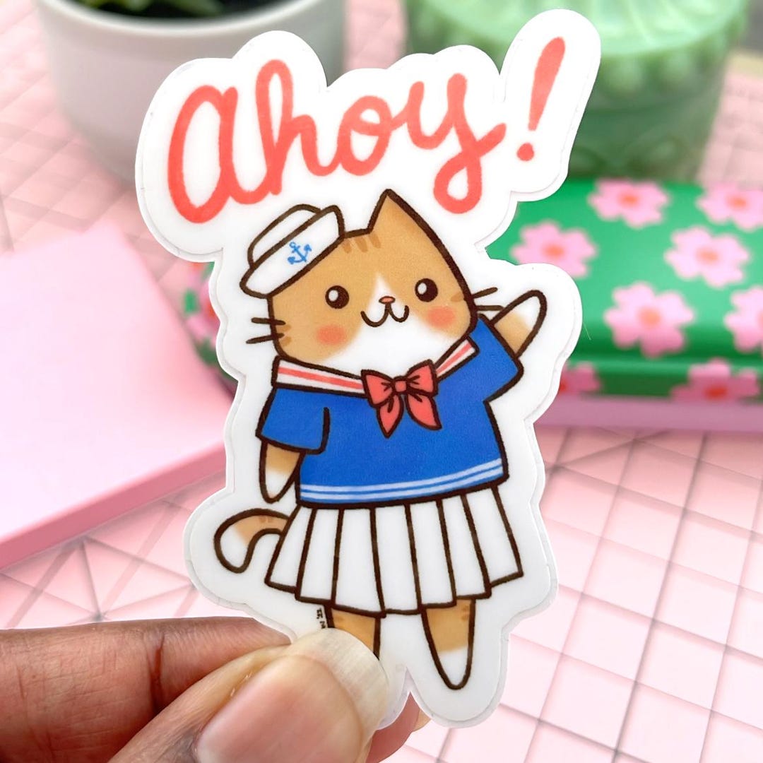 Ahoy Vinyl Sticker - Kawaii Sailor Cat Decal - Etsy