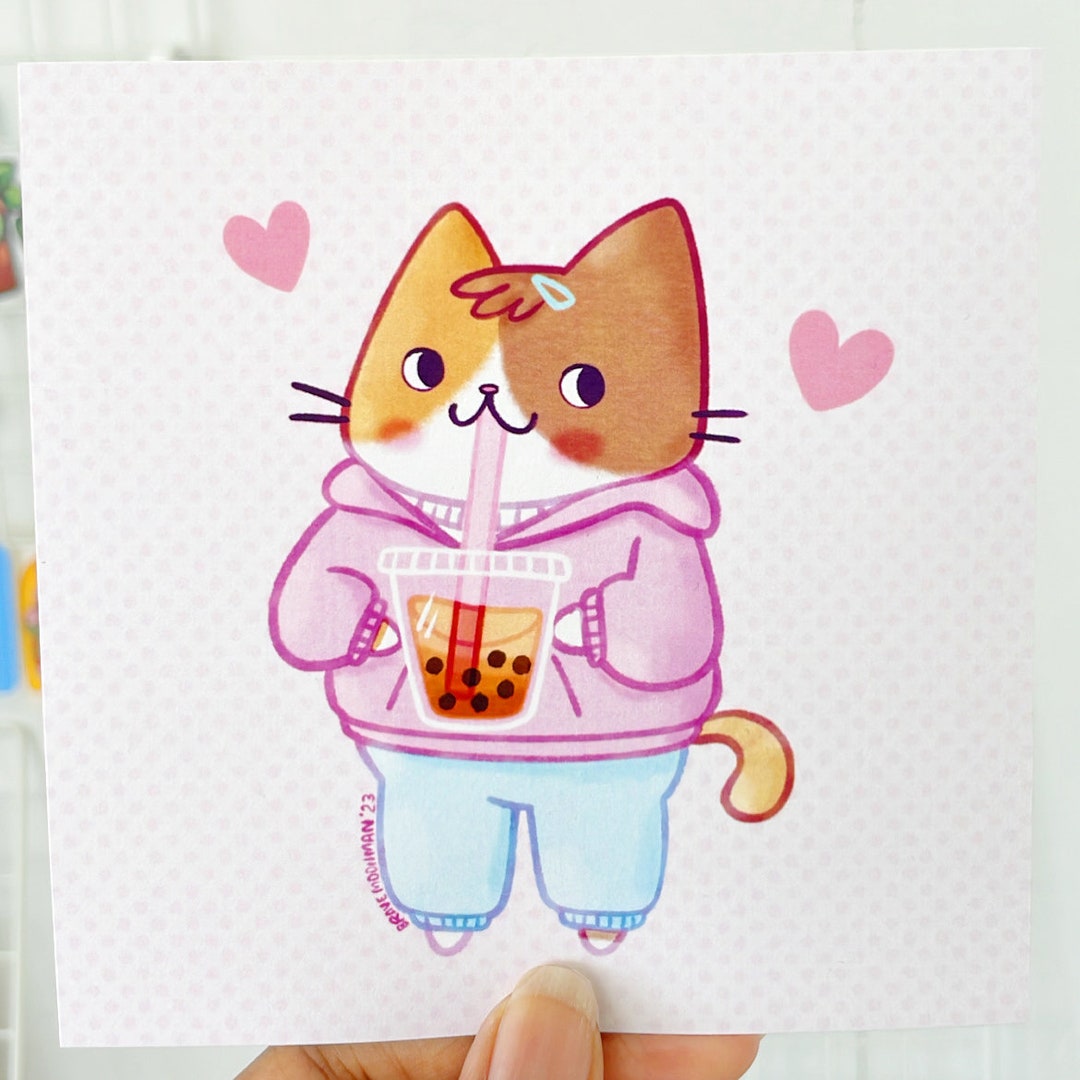 Cat and Boba Tea Art Print Whimsical Art Print Kawaii Art - Etsy