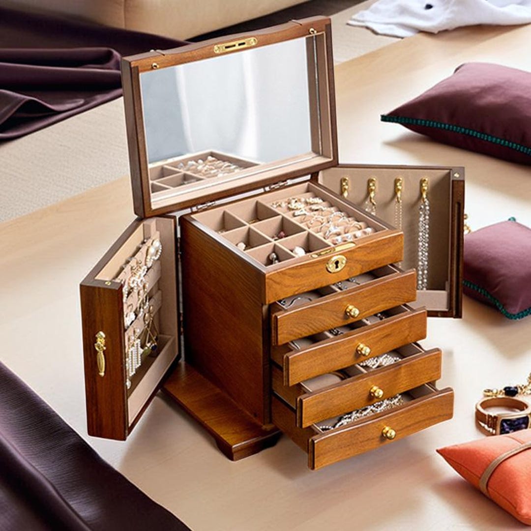 4/5 Wooden Jewelry Box, Lockable Jewelry Box With Drawer, Earring Ring ...