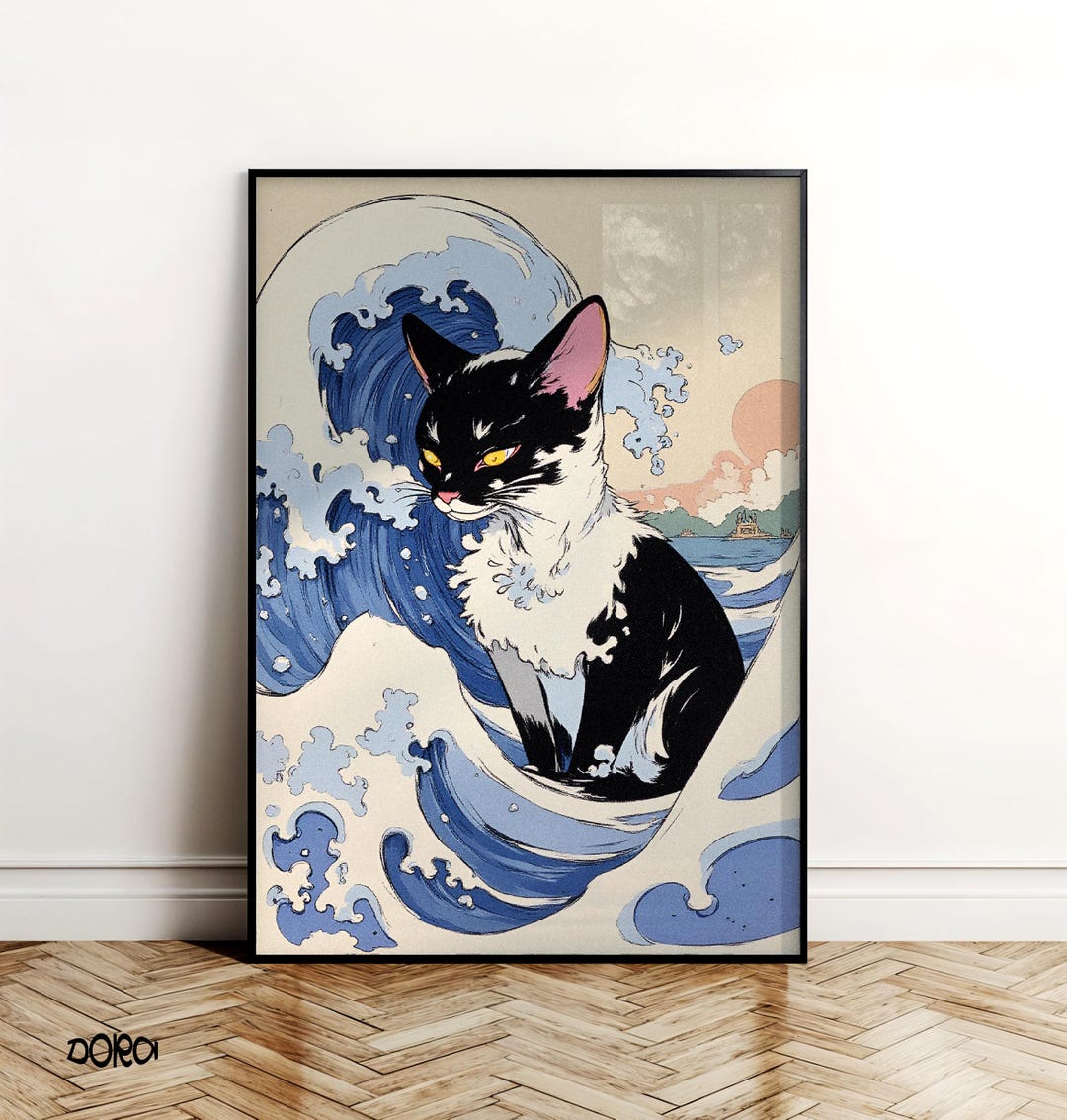 Japanese Cat in the Great Wave, Aesthetic Digital Print, Hokusai ...