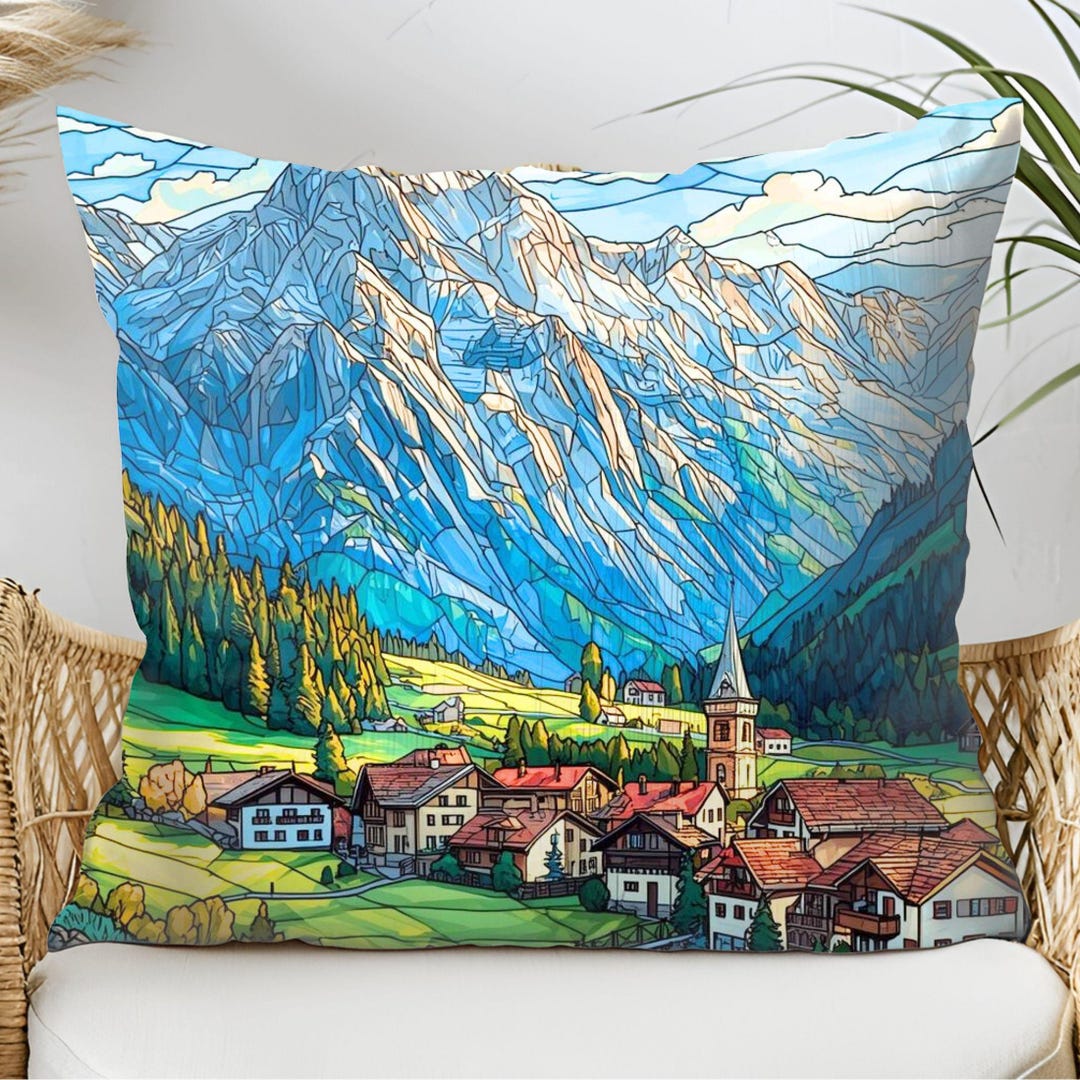 Stained Glassed Look of Swiss Alpine Village Polyester Square ...