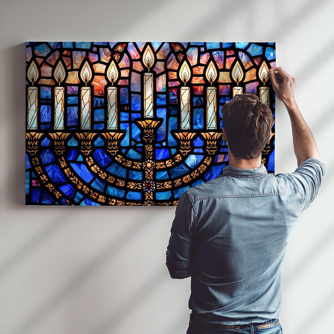 Hanukkah Menorah Wall Hanging Decoration, Stained Glass Design on High ...