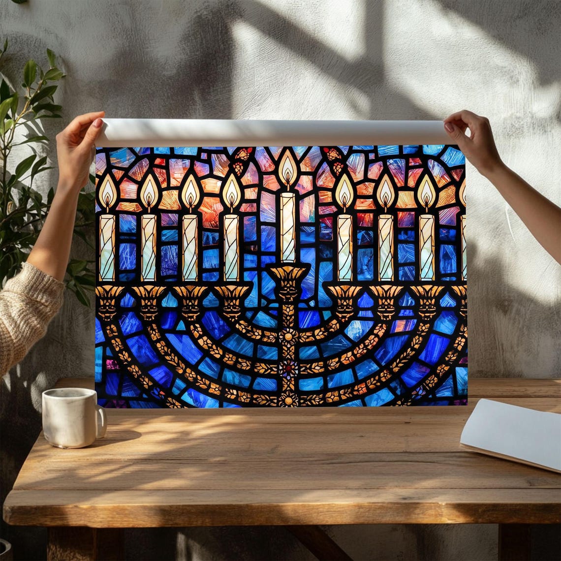 Hanukkah Menorah Wall Hanging Decoration, Stained Glass Design on High ...