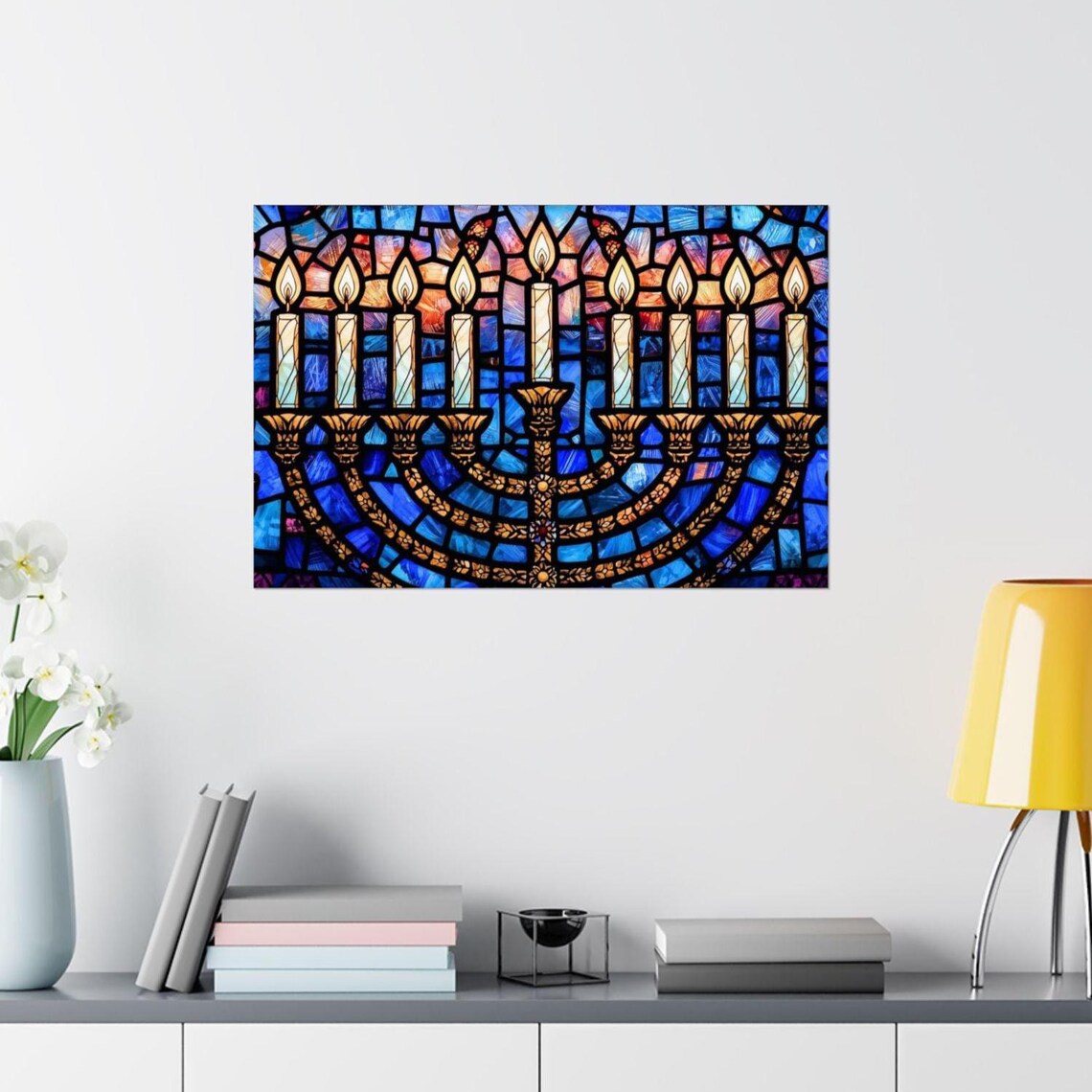 Hanukkah Menorah Wall Hanging Decoration, Stained Glass Design on High ...