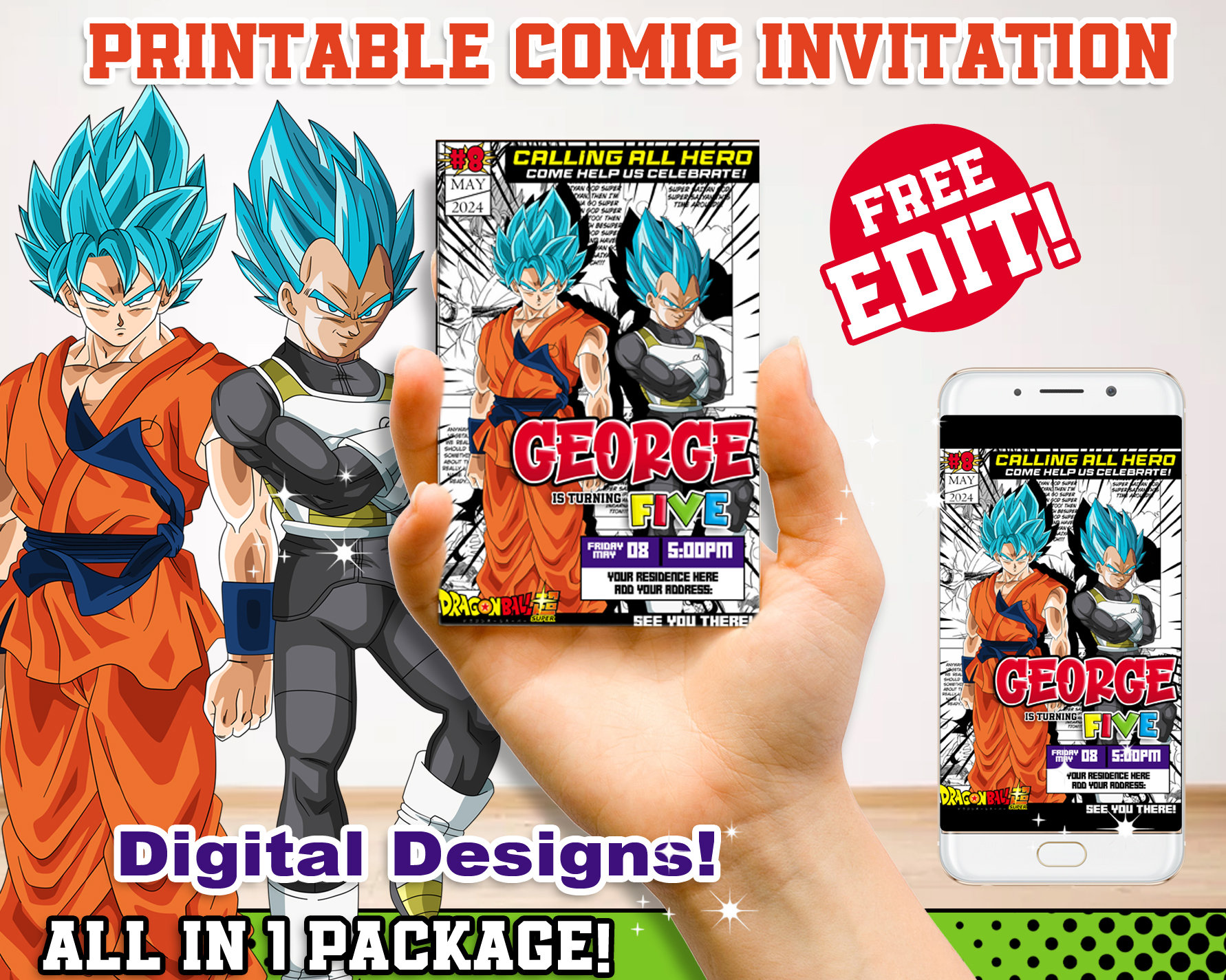DBZ Birthday Invitation, Anime Party Theme Invitation, Manga Design ...