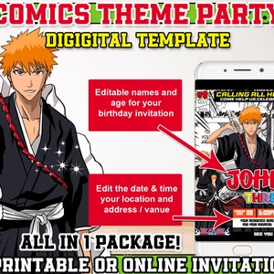 Anime Birthday Invitation, Anime Party, Manga Theme Party, Printable ...
