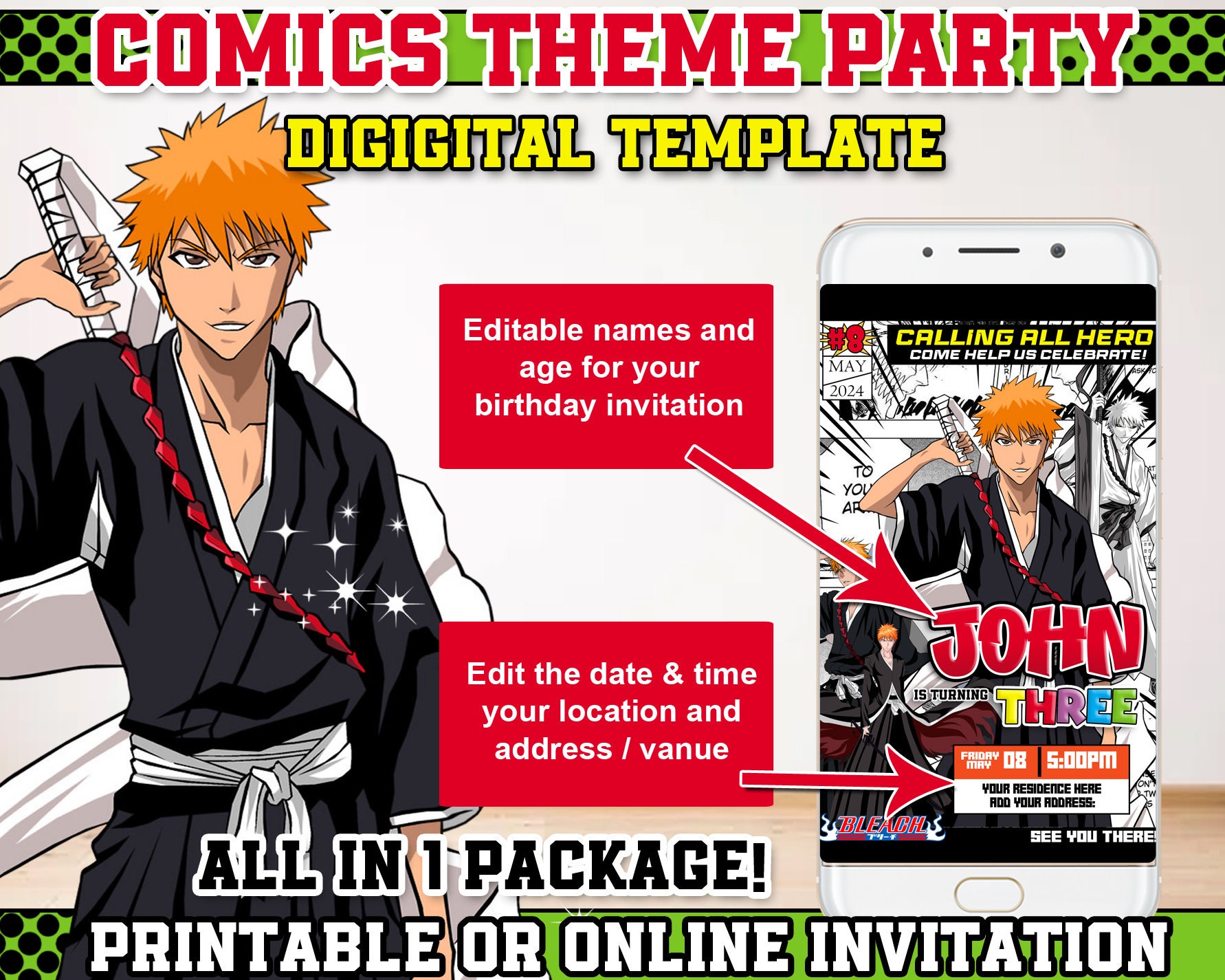 Anime Birthday Invitation, Anime Party, Manga Theme Party, Printable ...