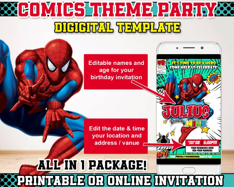 Printable Comic Hero Theme Party Birthday Invitation Design #etsy - Etsy