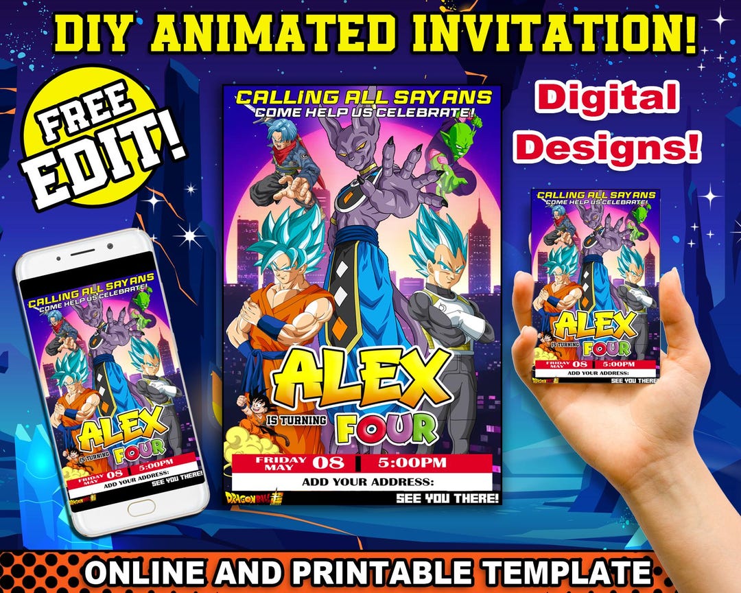 DBZ Printable Invitation, DIY Online Party Invitation, Kids Birthday ...