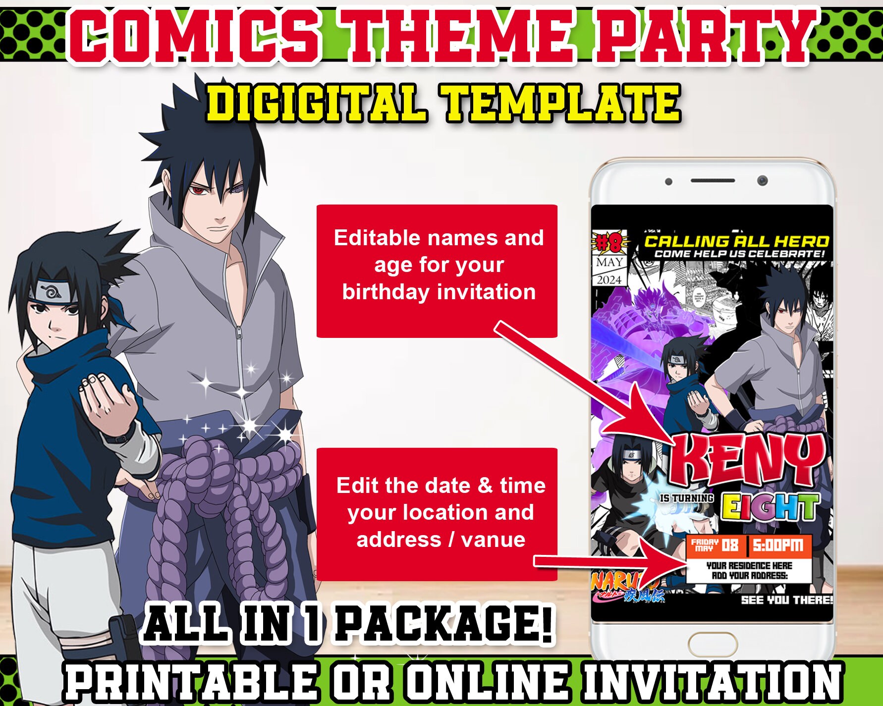 Printable Anime Design Invitation, DIY Manga Theme Birthday, Manga ...