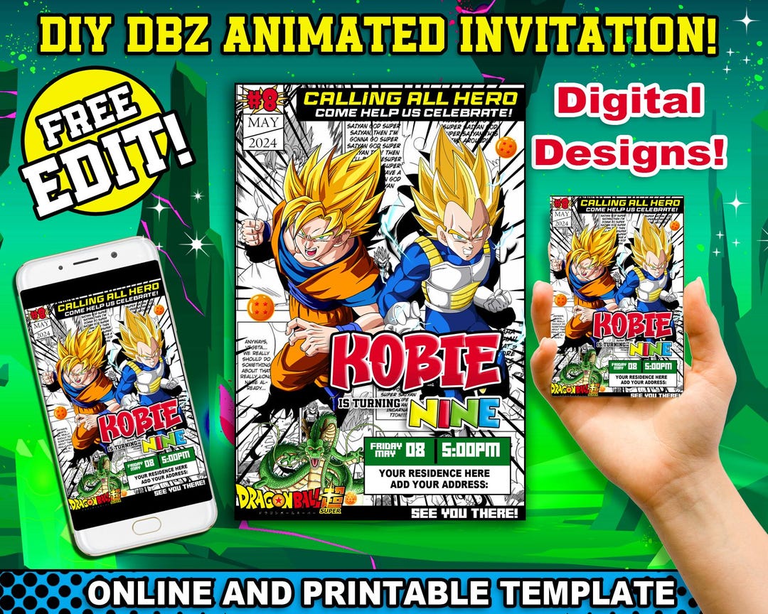 DBZ Birthday Invitation, Anime Party Theme Invitation, Manga Design ...