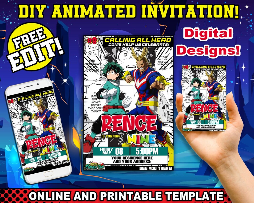 My Hero Academia Theme Birthday Invitation, Printable Hero Invitation ...