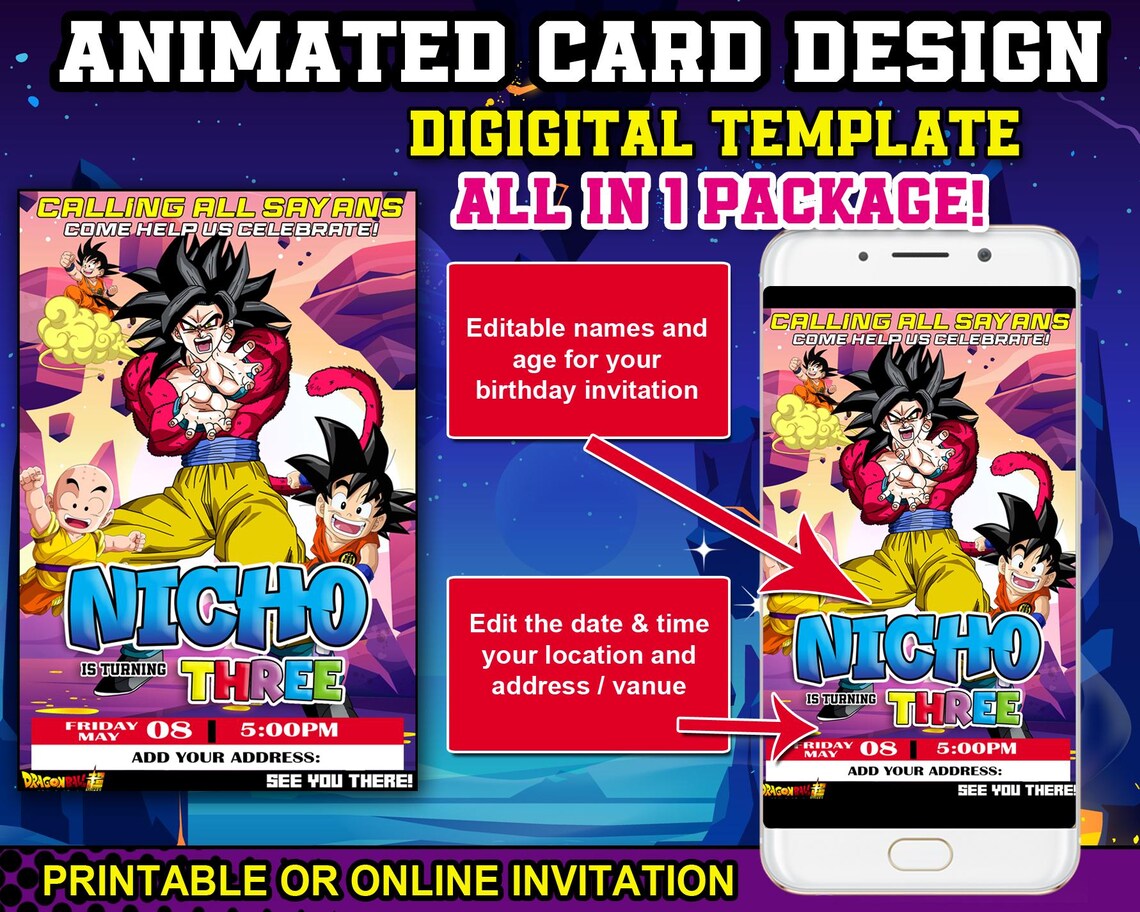 DBZ Printable Invitation, DIY Online Party Invitation, Kids Birthday ...