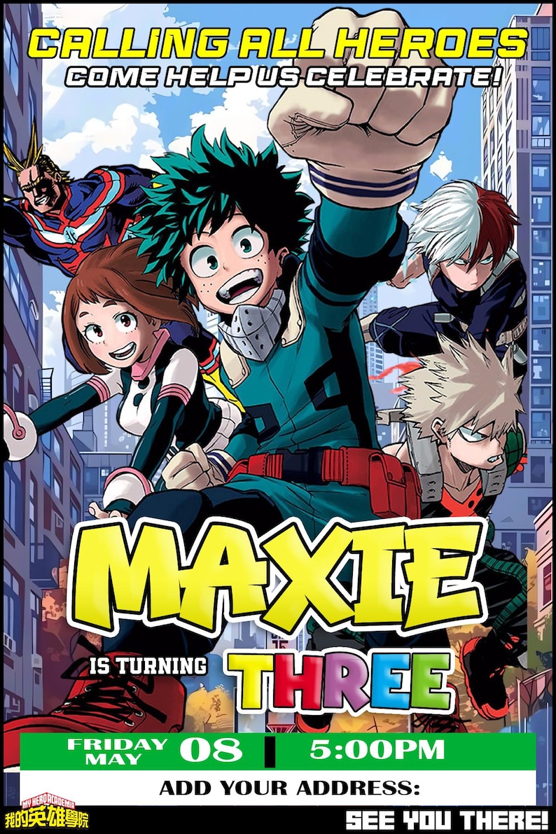 My Hero Theme Birthday Invitation, Printable Party Invitation, Manga ...