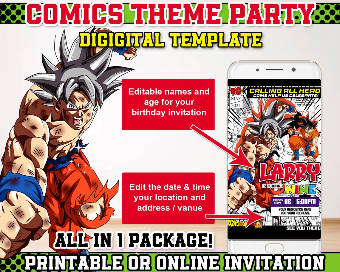 DBZ Best Seller, Manga Theme Printable Anime Birthday Invitation ...