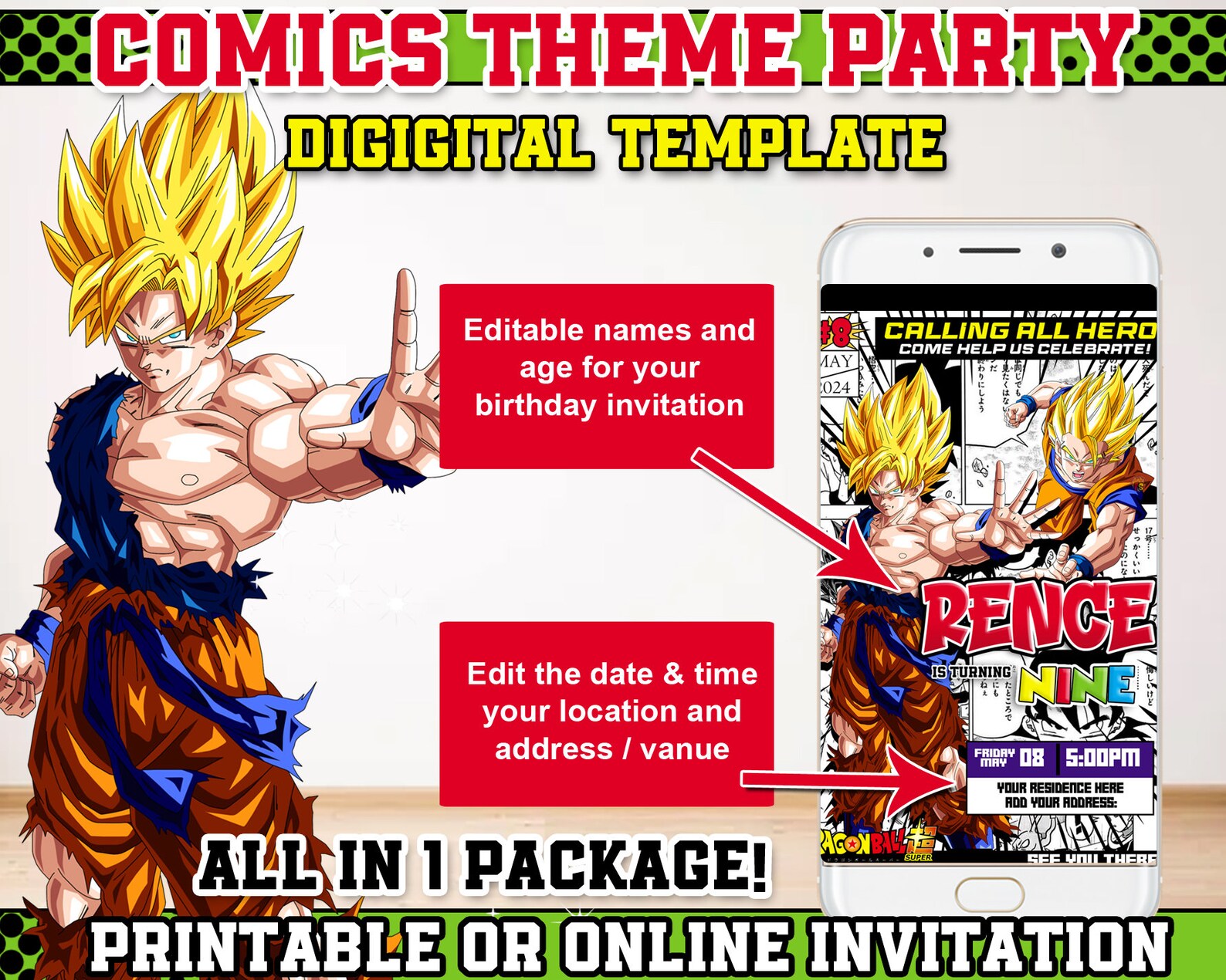 DBZ, Manga Theme Printable Anime Birthday Invitation, Birthday ...