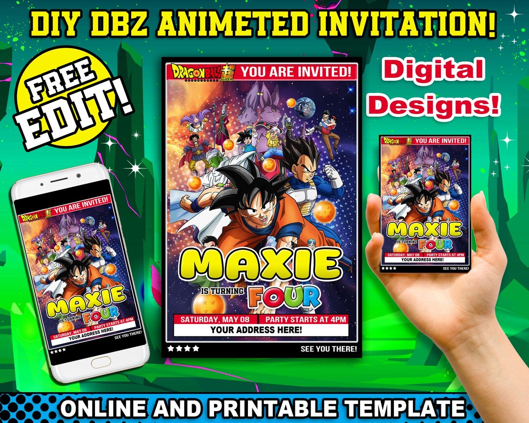 DBZ Birthday Invitation, Anime Party Theme Invitation, Manga Design ...