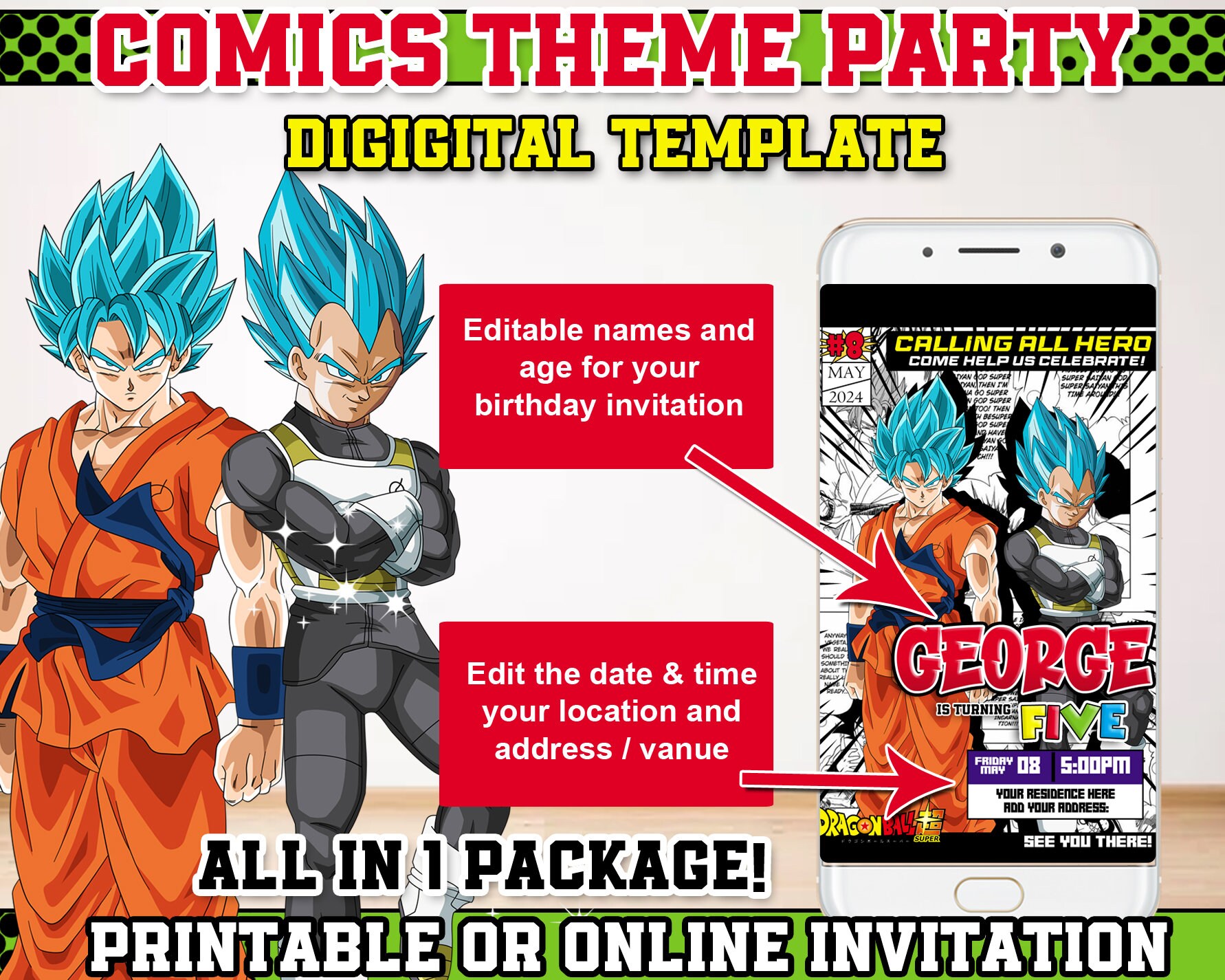 DBZ Birthday Invitation, Anime Party Theme Invitation, Manga Design ...