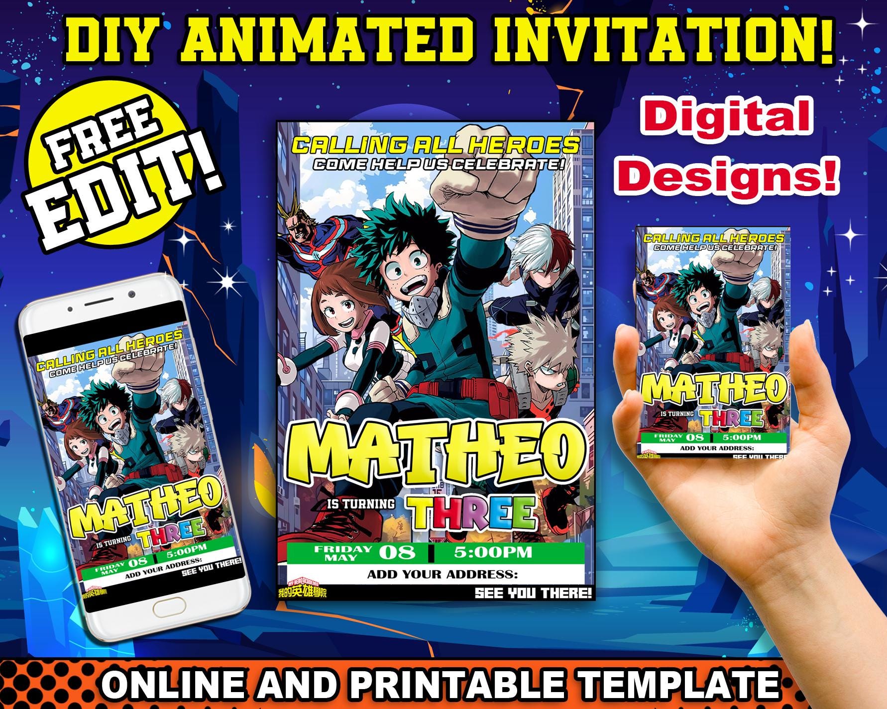 My Hero Theme Birthday Invitation, Printable Party Invitation, Manga ...