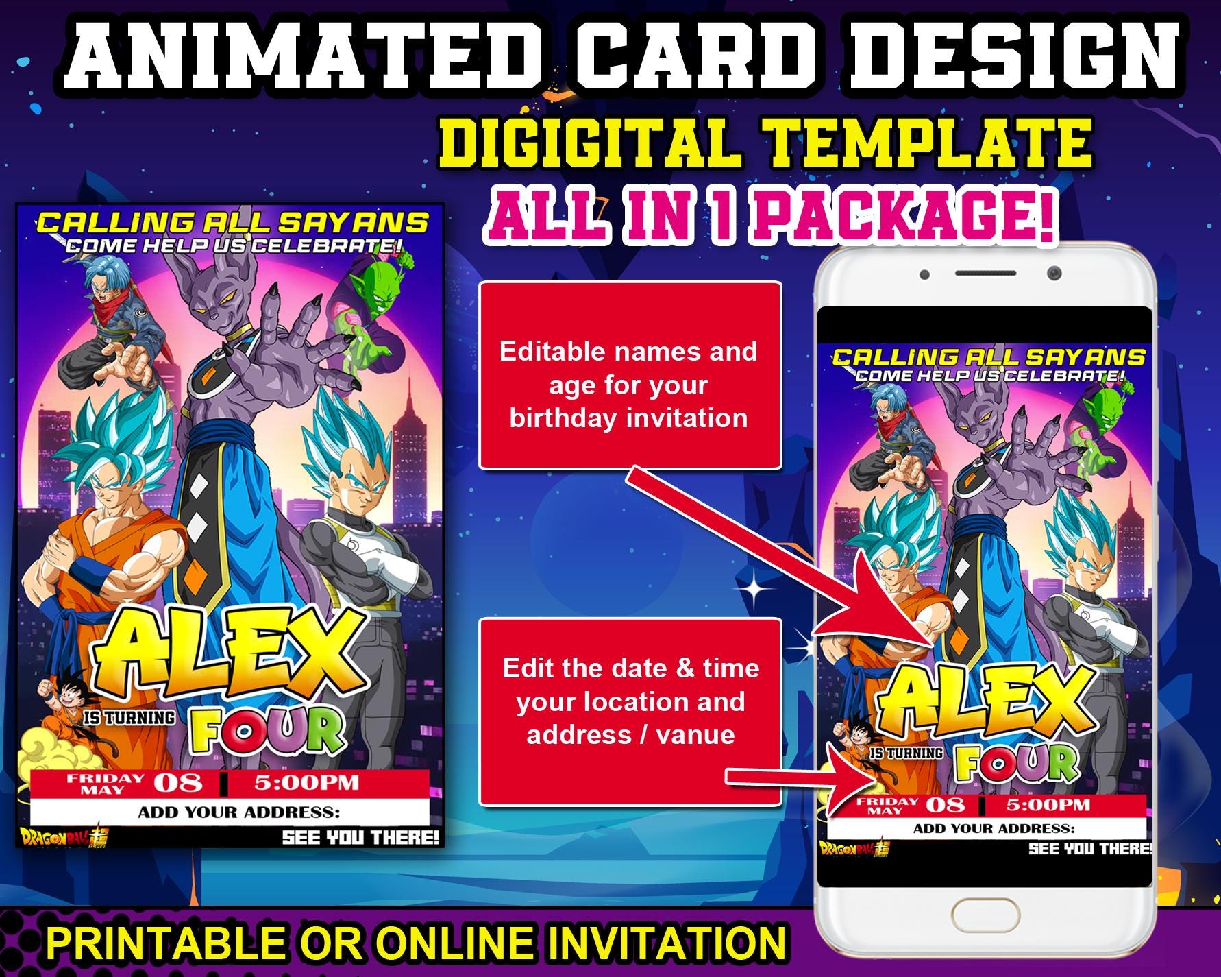DBZ Printable Invitation, DIY Online Party Invitation, Kids Birthday ...