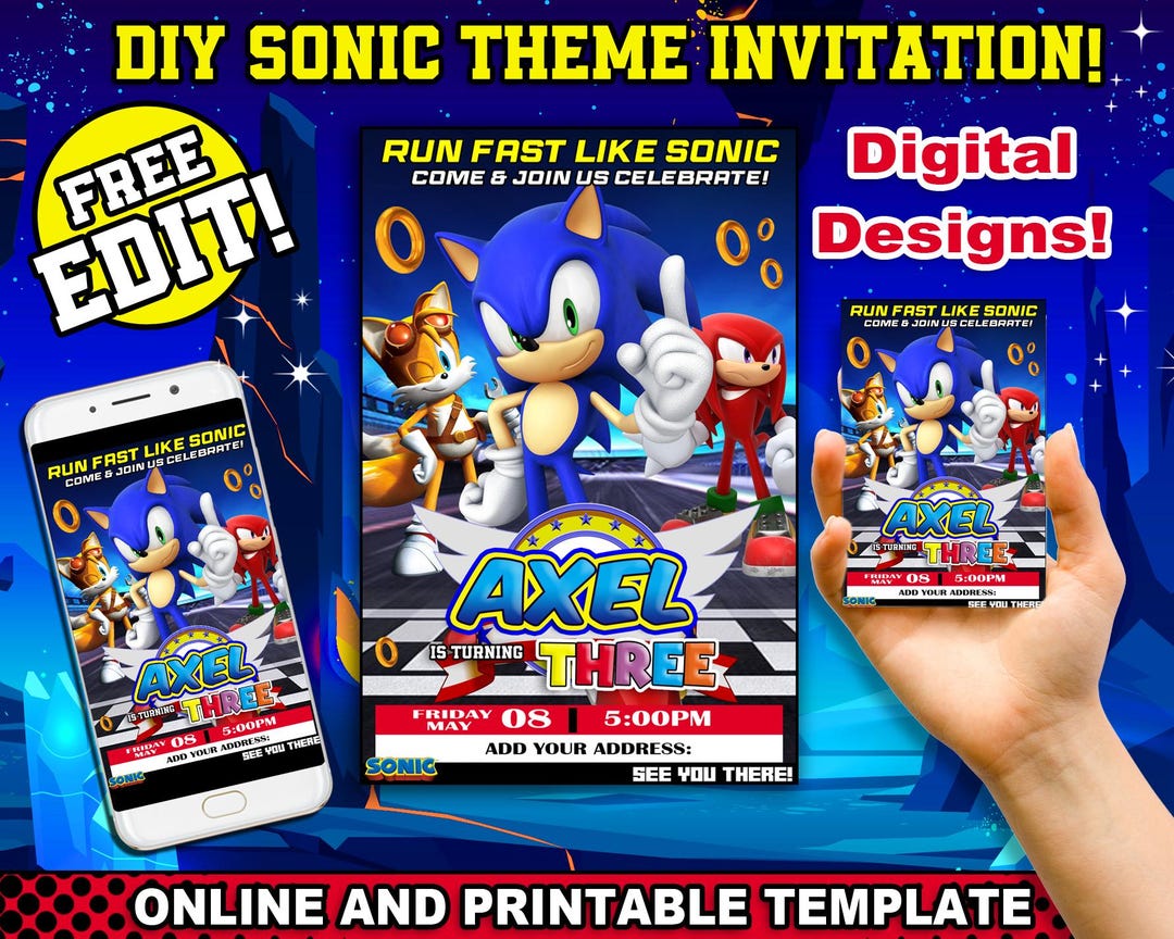 Sonic Birthday Invitation, Blue Party Theme Invitation, Sonic Design ...