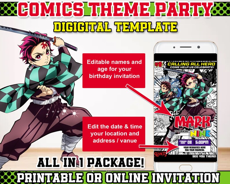 Demon Slayer Invitation, Manga Theme Anime Invitation, Printable Party ...