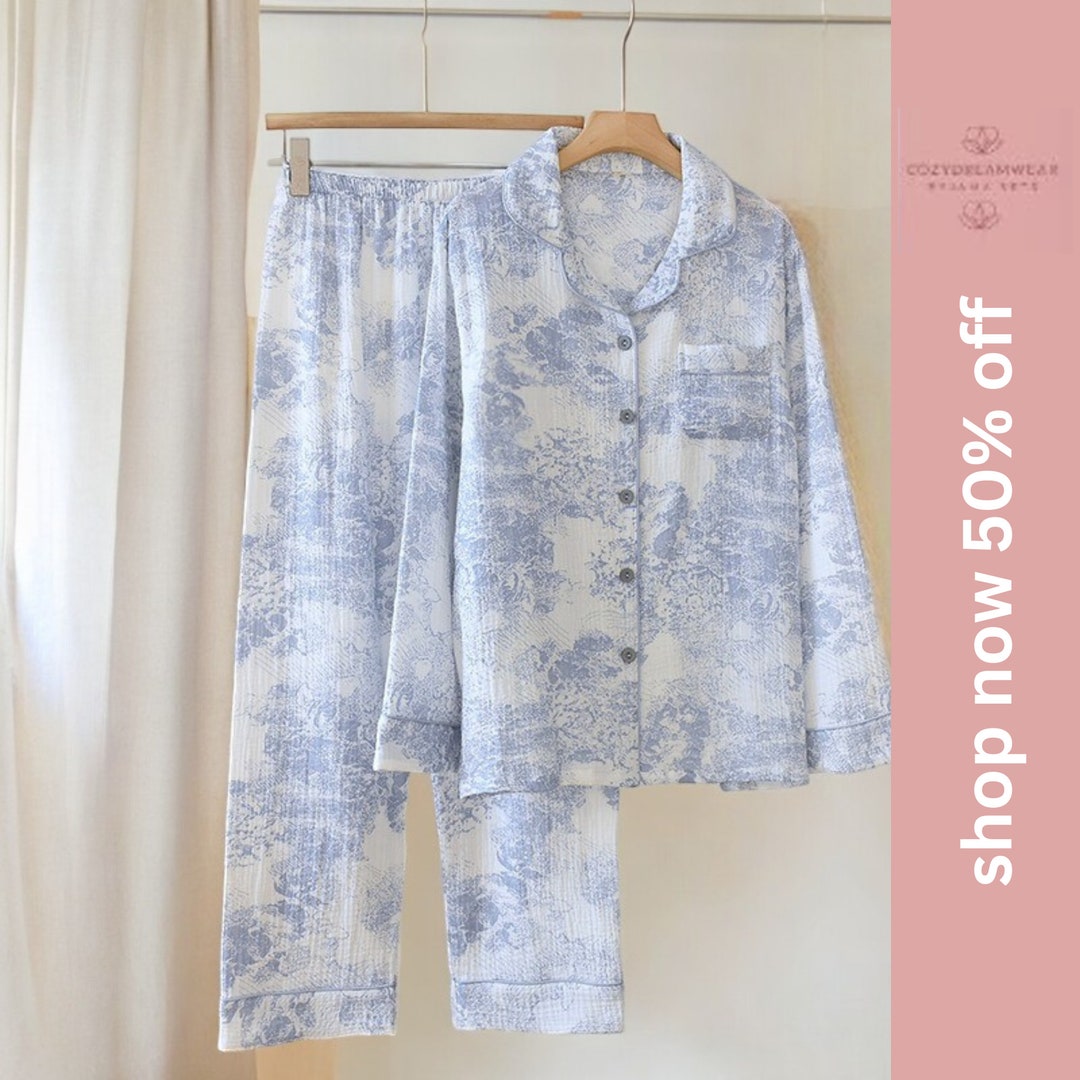 Womens Linen Cottagecore Pajamas Pyjamas Ink Print Pajama Set Natural ...