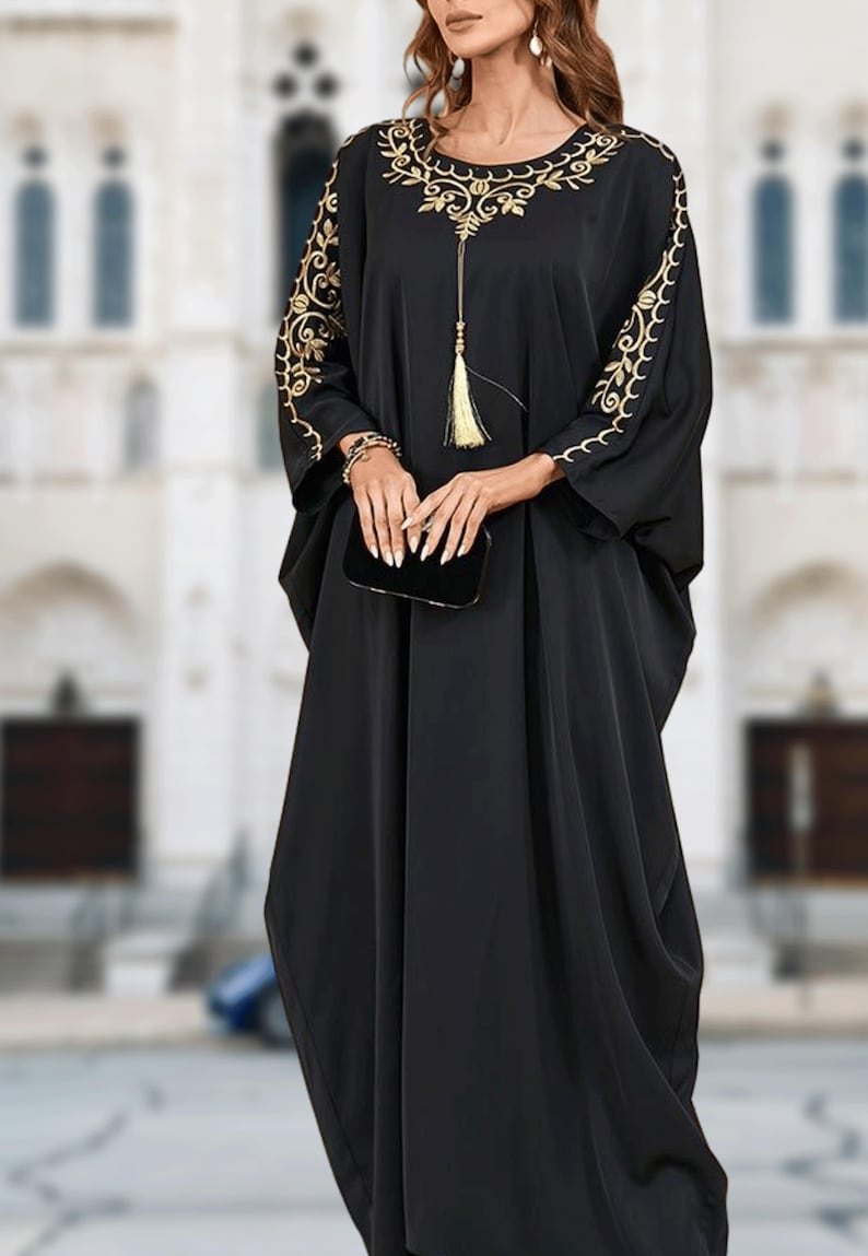 Floral Golden Embroidery Abaya Dress Long Sleeve Batwing Tassel Robe ...