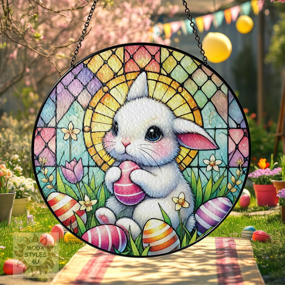 Easter Bunny Glass Suncatcher, Cute Rabbit Window Hanging for Spring ...