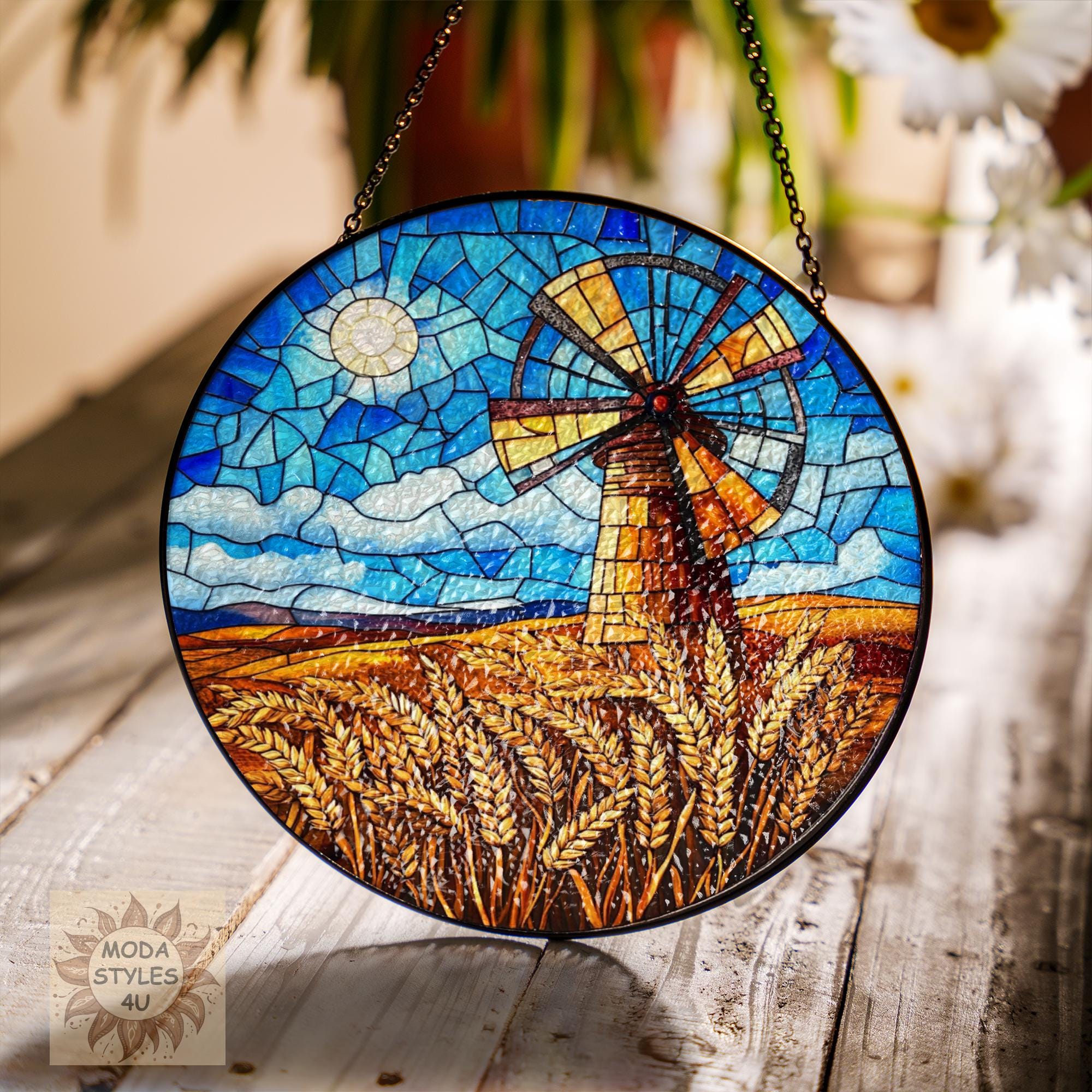 Windmill and Wheat Fields Glass Window Hanging, Windmill Suncatcher ...