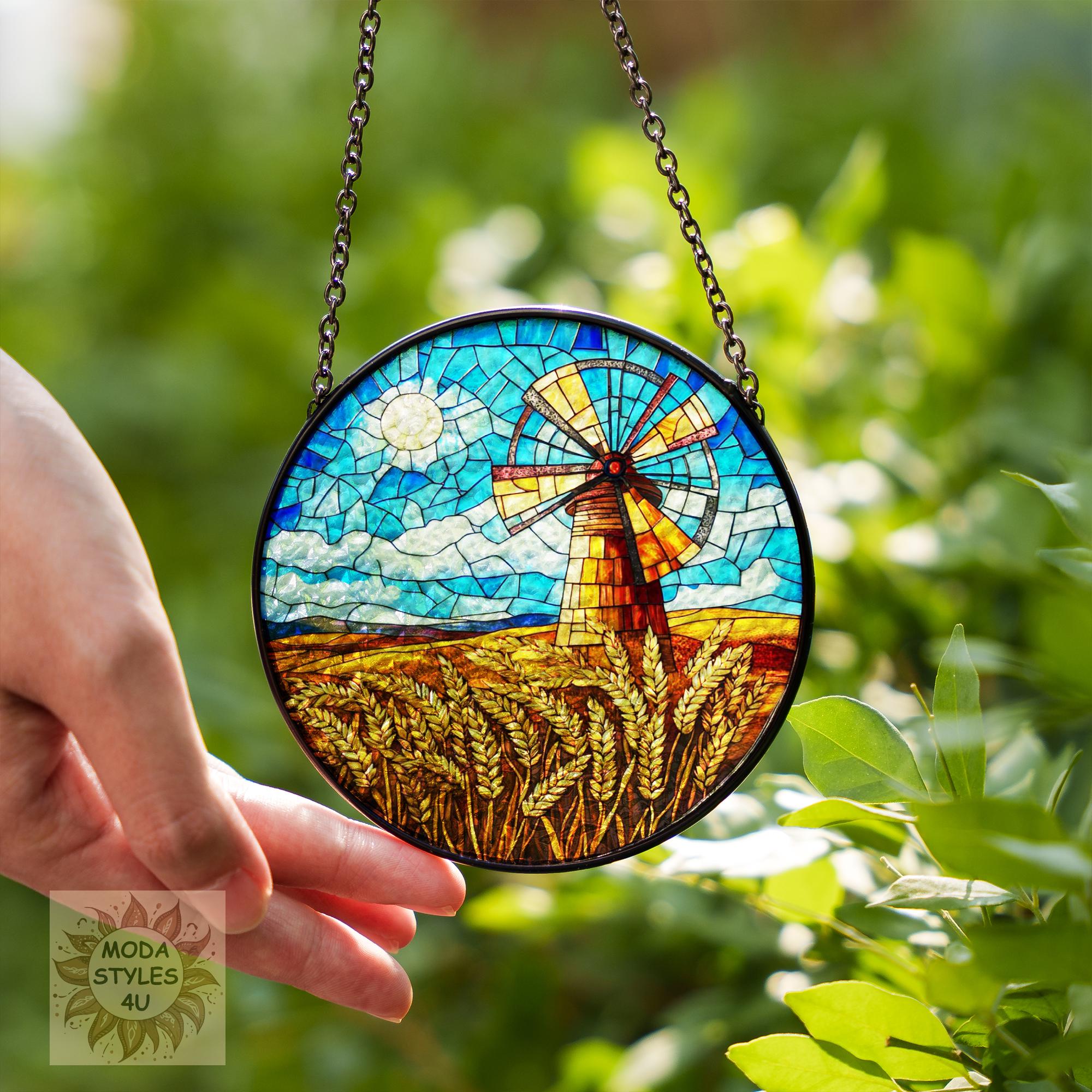 Windmill and Wheat Fields Glass Window Hanging, Windmill Suncatcher ...