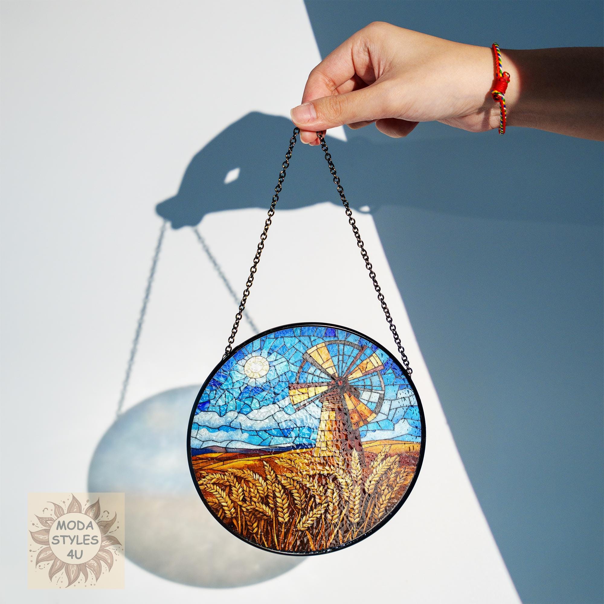 Windmill and Wheat Fields Glass Window Hanging, Windmill Suncatcher ...