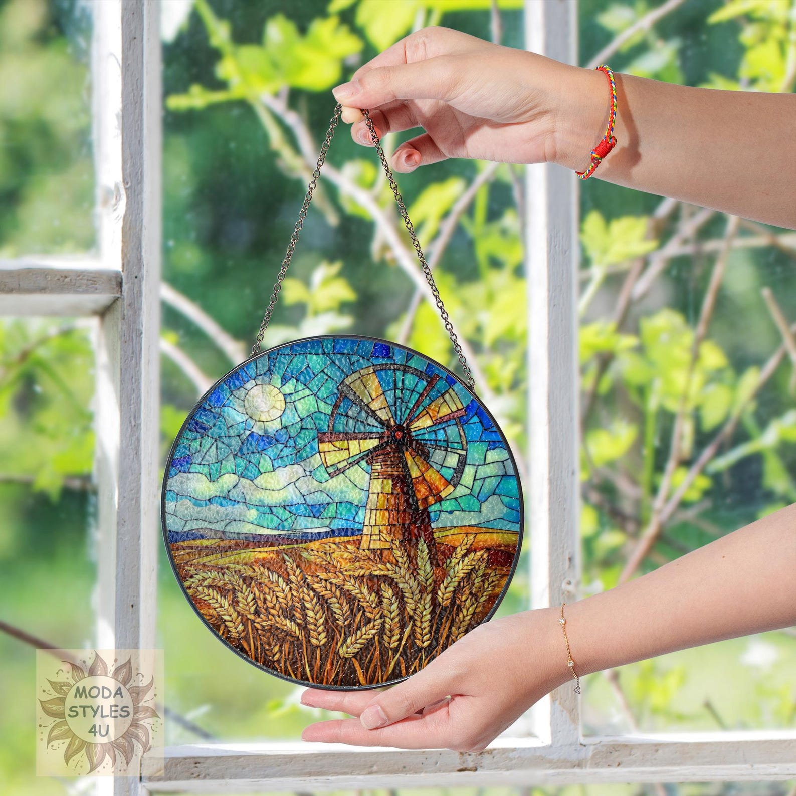 Windmill and Wheat Fields Glass Window Hanging, Windmill Suncatcher ...