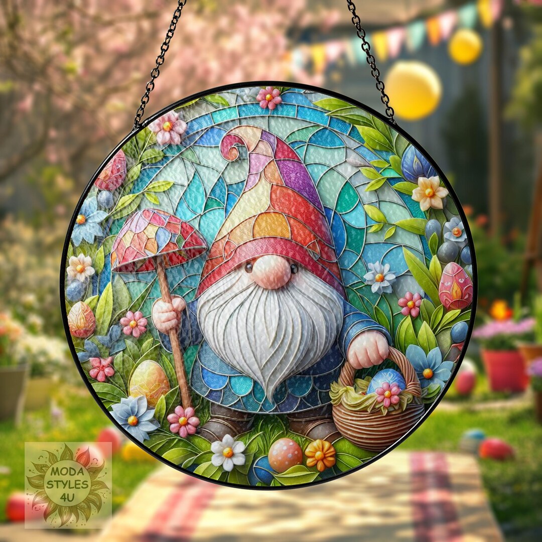 Gnome Glass Suncatcher Hanging Sign, Easter Flower Gnome Decor, Garden ...