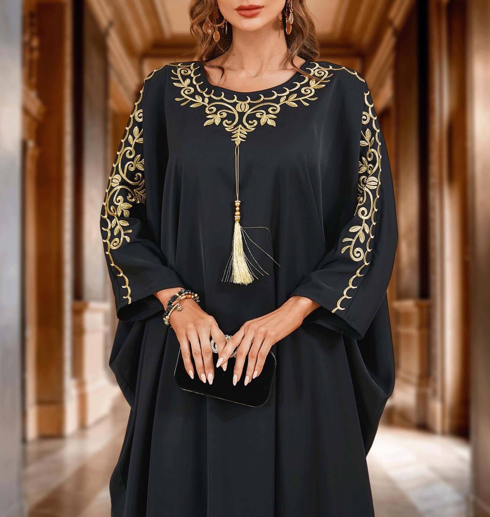 Floral Golden Embroidery Abaya Dress Long Sleeve Batwing Tassel Robe ...