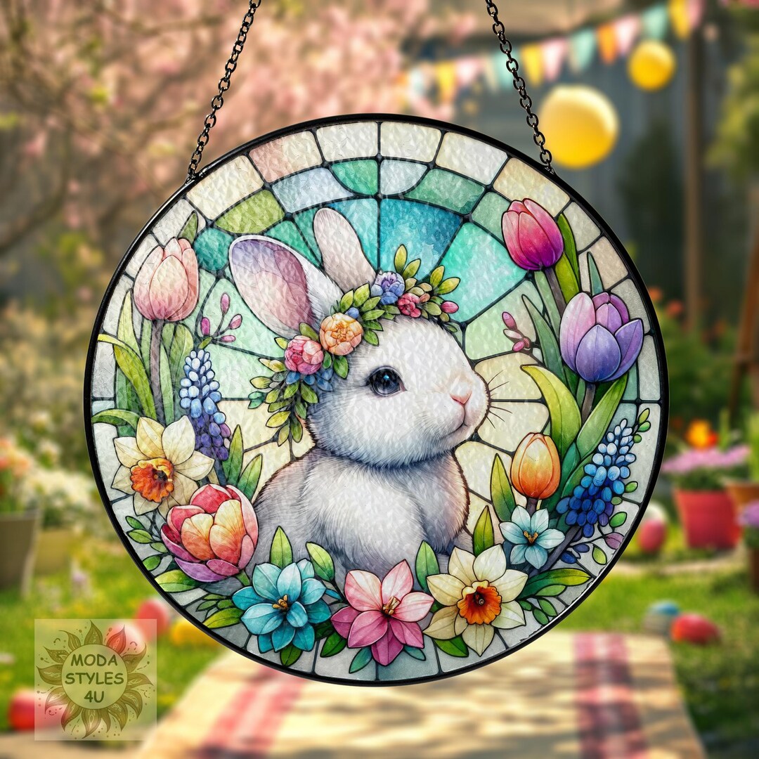 Floral Easter Bunny Glass Suncatcher, Rabbit Suncatcher, Rabbit Lovers ...