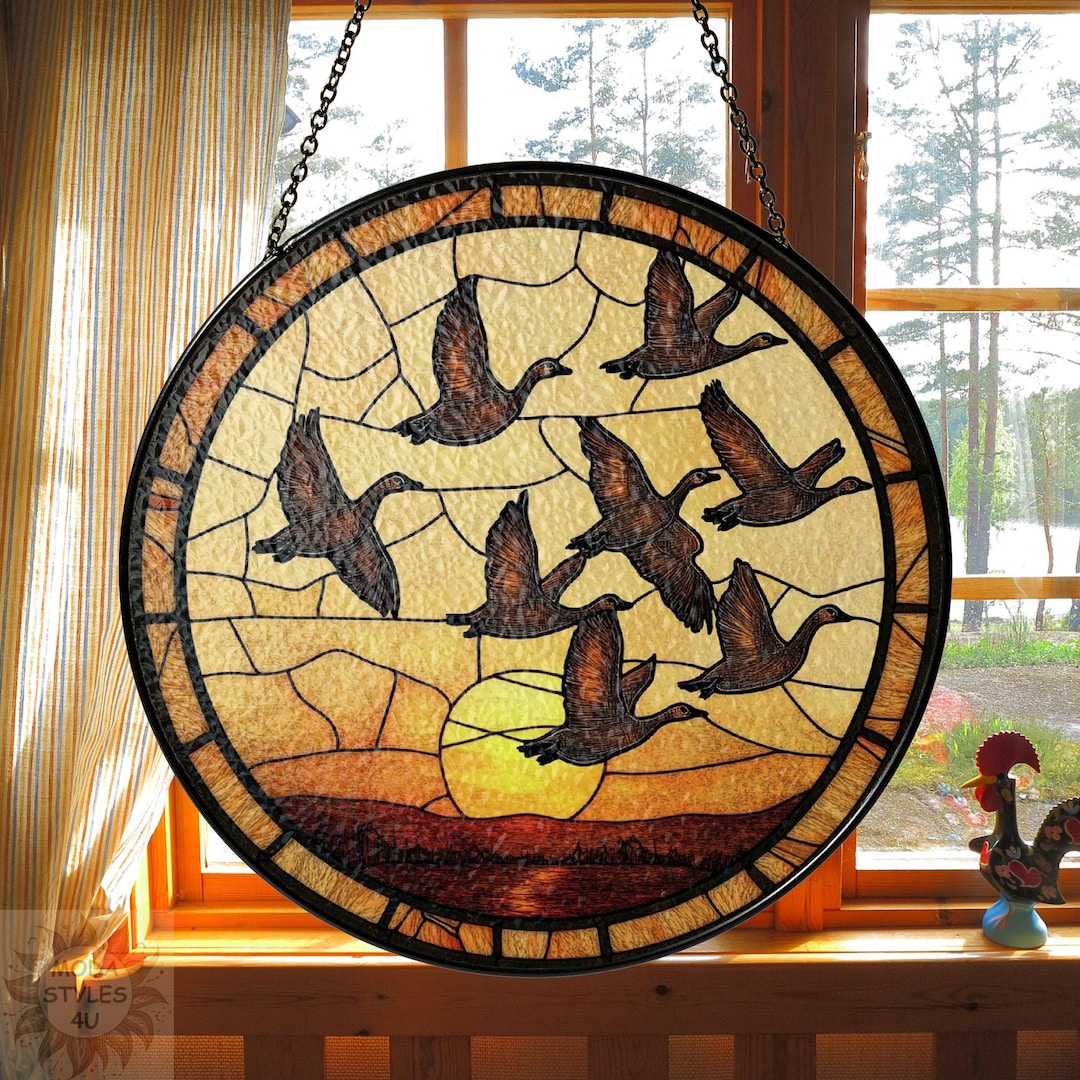 Stained Glass Geese Stained Glass Art - Sunset Migrating Birds Scene ...