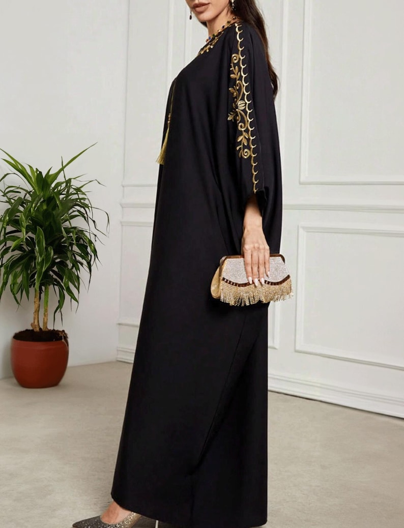 Floral Golden Embroidery Abaya Dress Long Sleeve Batwing Tassel Robe ...