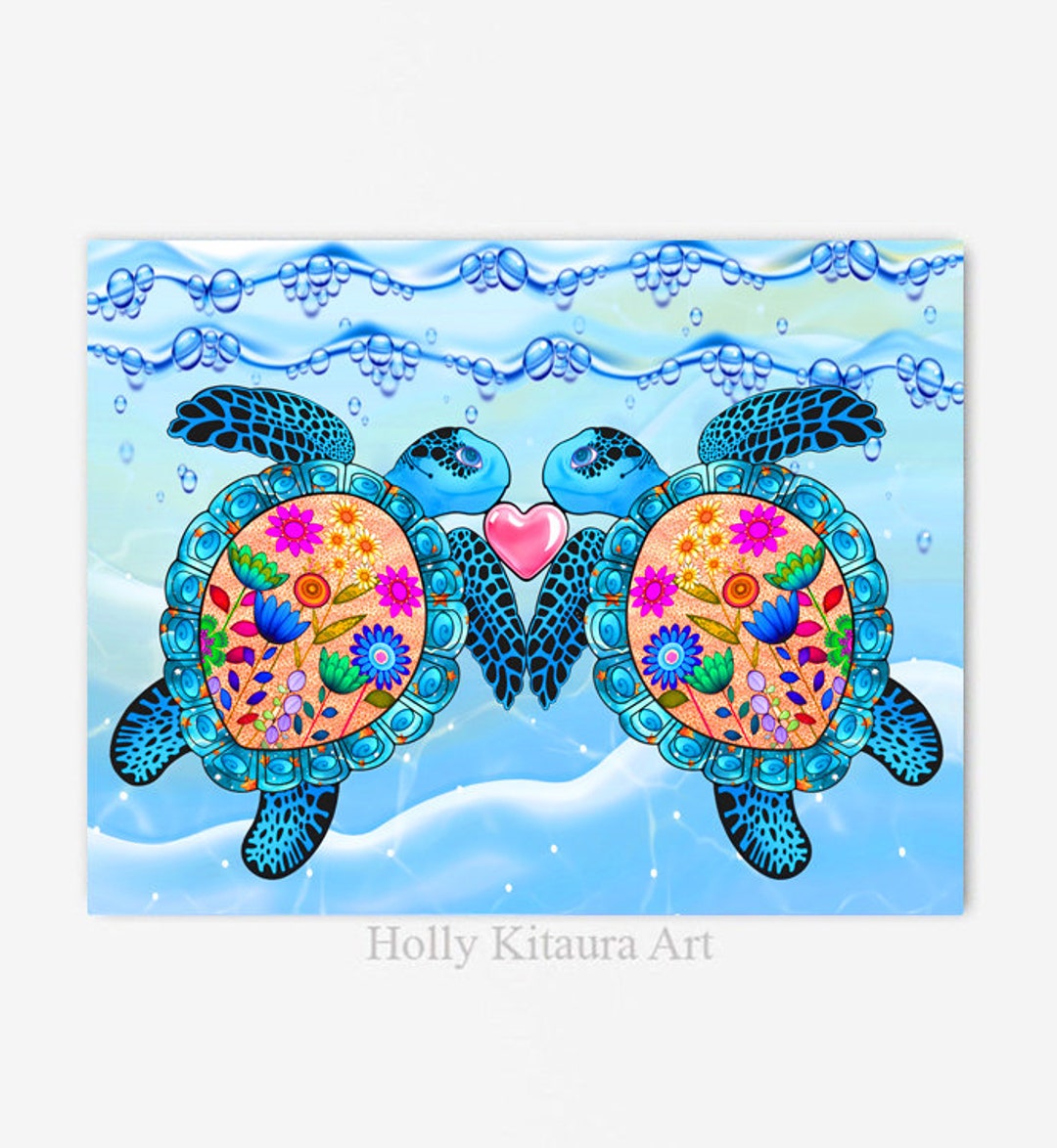 Sea Turtle Honu Beach Art Flowers Sea Aqua Blue Turtles Ocean Tropical ...