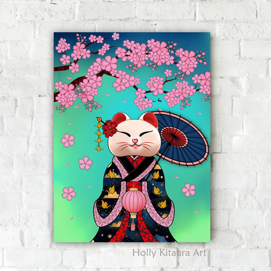 Lucky Cat Good Fortune Japan Japanese Neko Kimono Geisha Kawaii Art ...