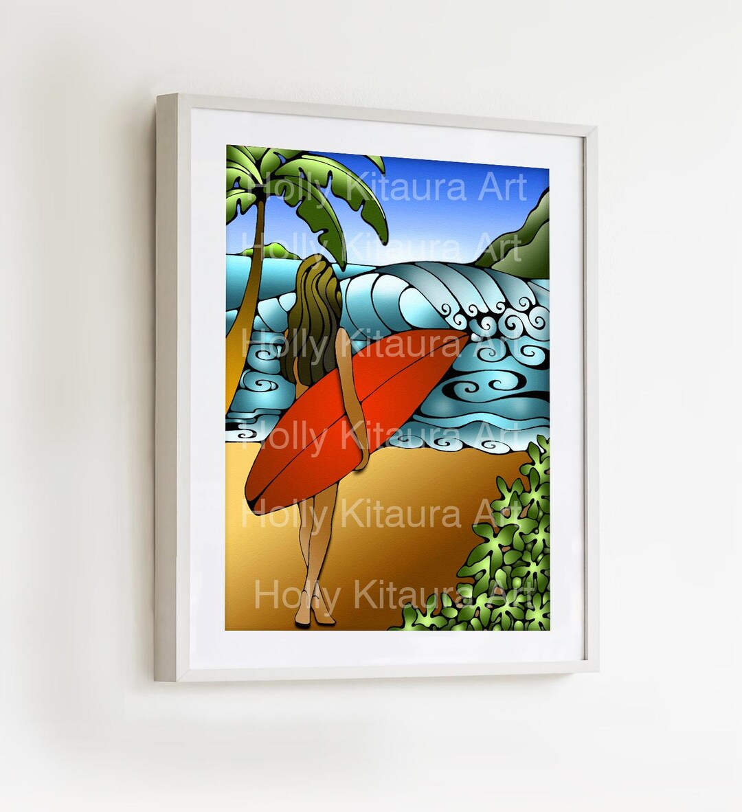 Girl Surfing Waves Hawaii Surf Art Red Surfboard Fine Art Giclée Print ...