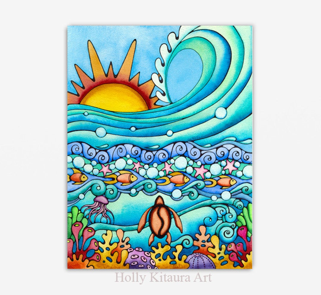 Honu Surf turtle Beach Art Decor Print Sunrise Sunset Ocean Painting ...