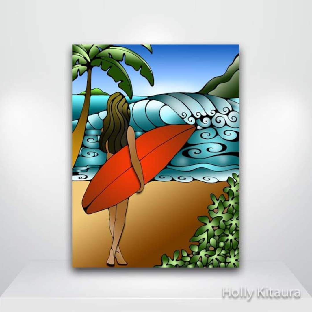 Girl Surfing Waves Hawaii Surf Art Red Surfboard Fine Art Giclée Print ...
