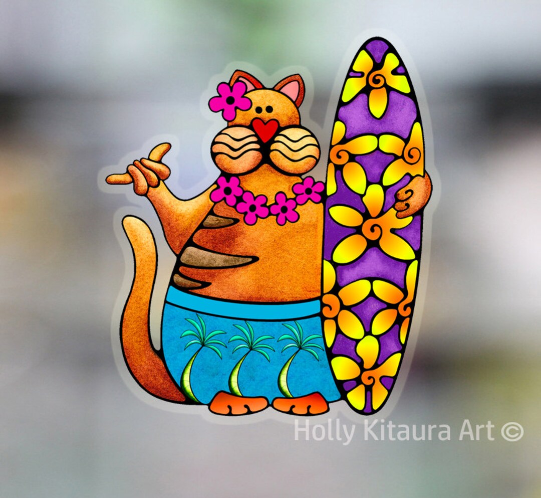 Hawaiian Surf Fat Orange Tabby Cat Vinyl Decal Sticker Cats Decals ...
