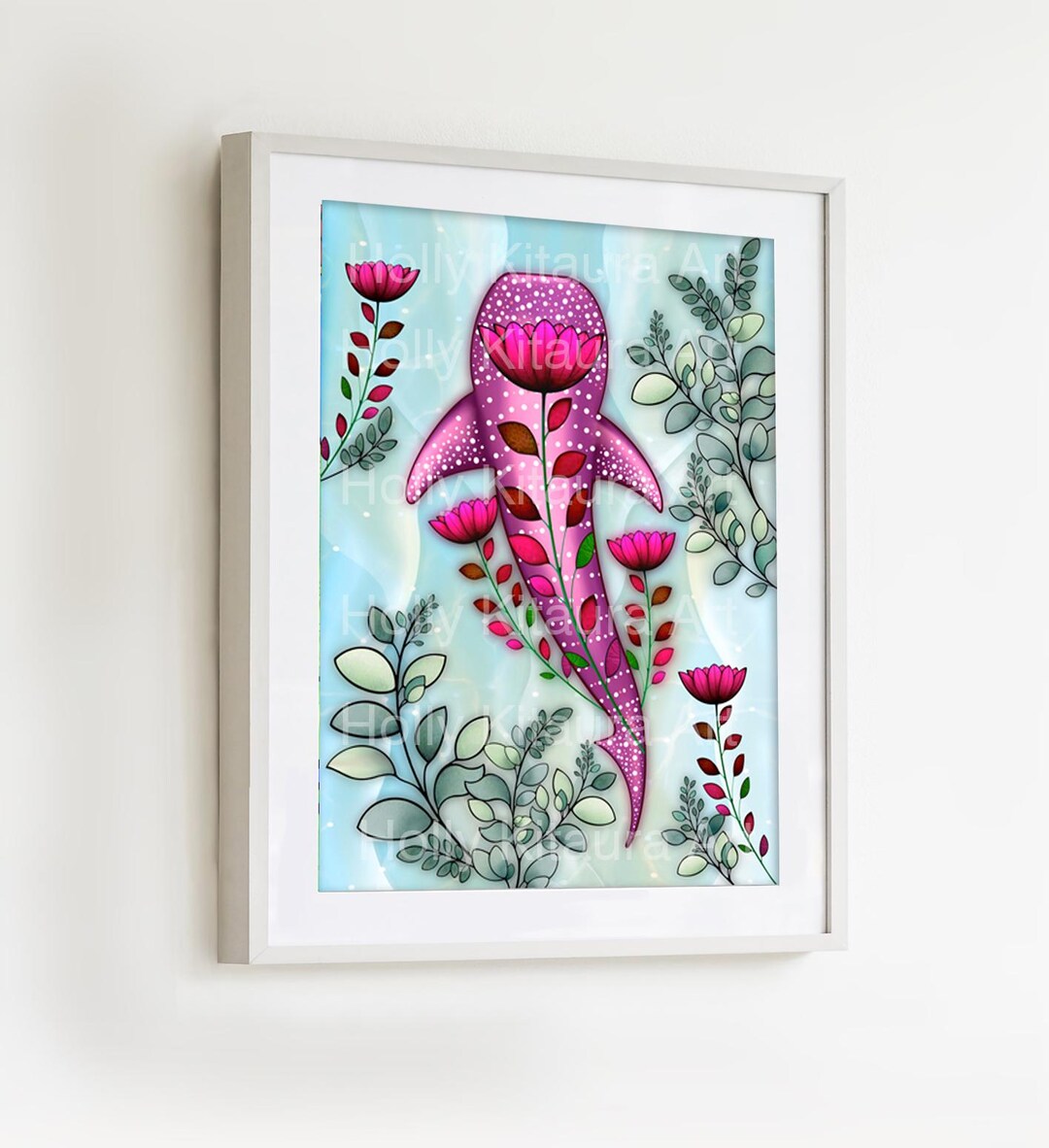 Whale Shark Flower Print Tropical Ocean Art Pink Green Artwork by ...