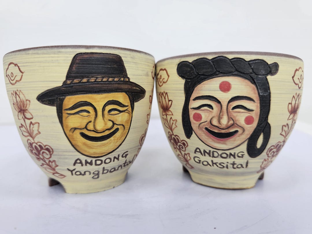 Handmade Korean Hahoe Mask Planter Set – Andong Yangban & Gaksital ...