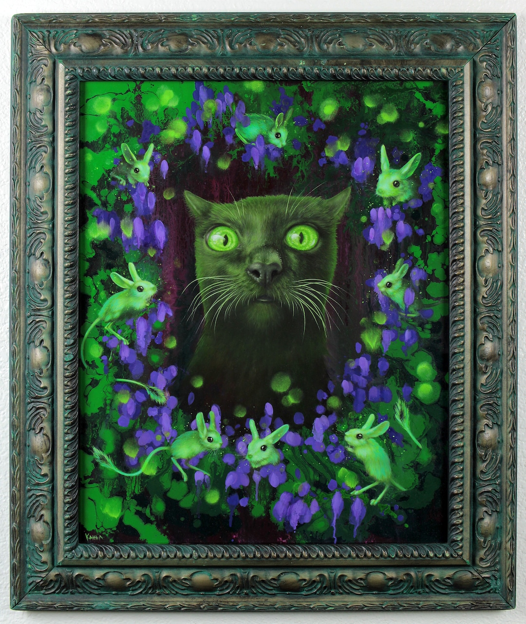 ORIGINAL Oil Painting Nip Trip, 16x20 Framed, Black Cat Hallucinating ...
